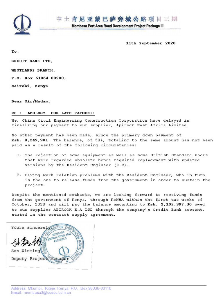 11th September 2020 To, Credit Bank LTD, Westlands Branch, P.O. Box ...