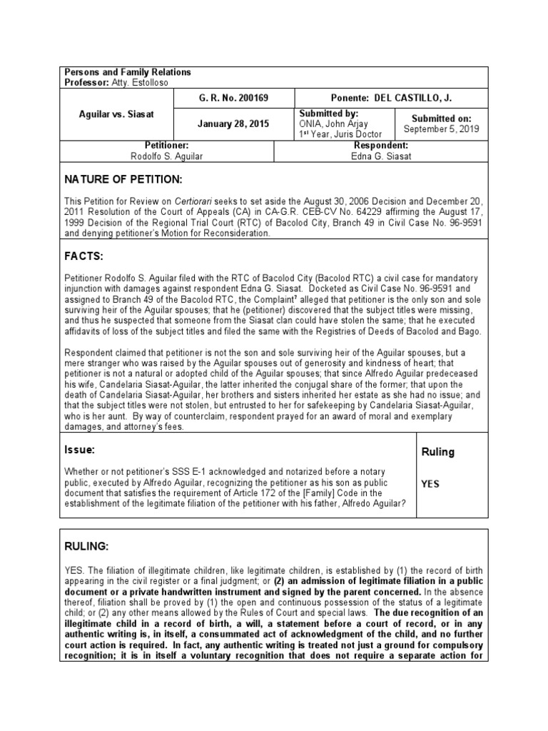 Establishing Filiation Through an SSS Form: Aguilar vs Siasat | PDF ...