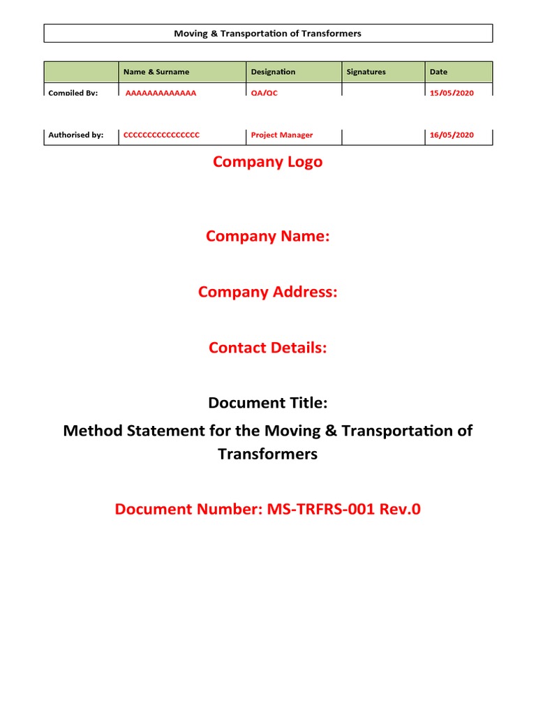 Company Logo: Document Title: Method Statement For The Moving ...