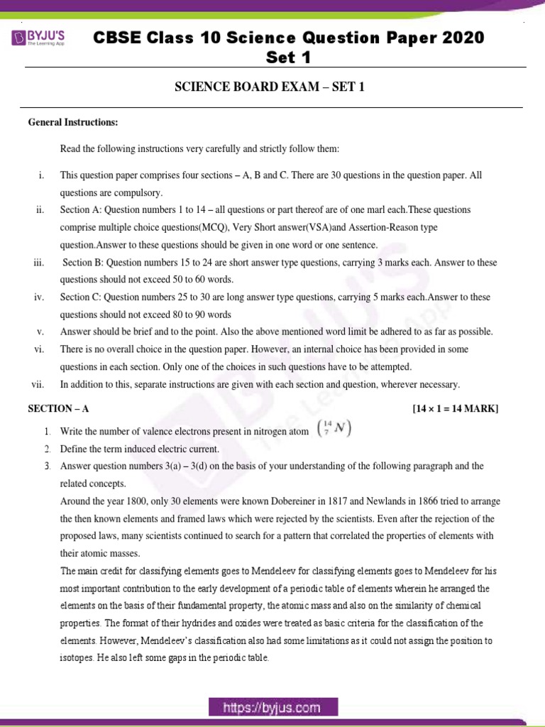 CBSE Class 10 Science Question Paper 2020 SET 1 | PDF | Radiation ...