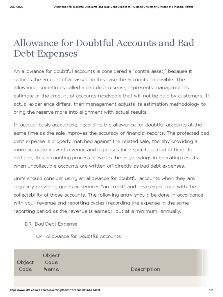 Allowance For Doubtful Accounts and Bad Debt Expenses - Cornell ...