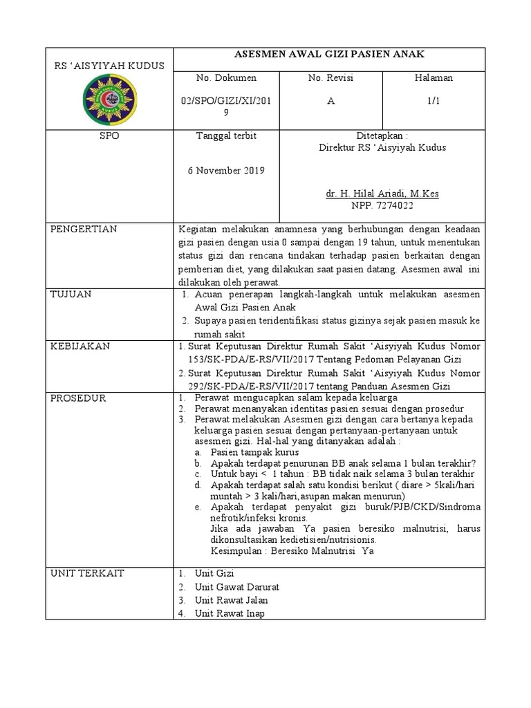 Spo Asesmen Gizi Awal Pasien Anak | PDF