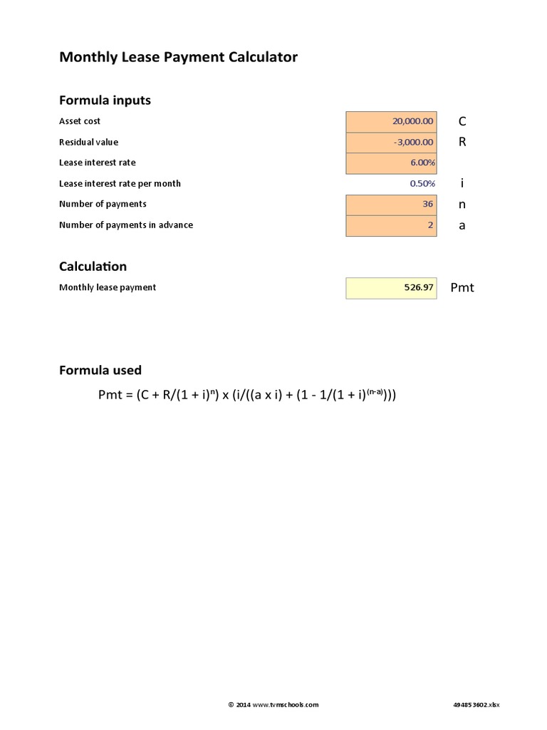 Monthly Lease Payment Calculator: Formula Inputs | PDF