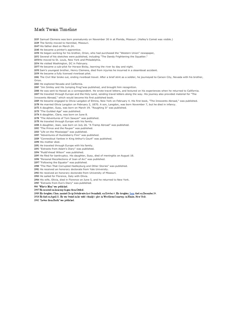 Mark Twain Timeline | PDF | Mark Twain