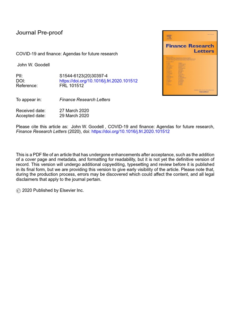 Journal Pre-Proof: Finance Research Letters | PDF | Pandemic | Risk