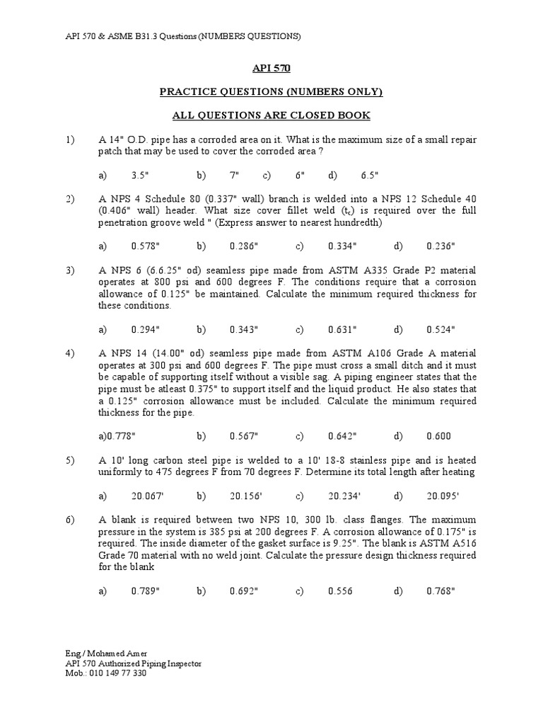 API 570 Practice Questions (Numbers Only) All Questions Are Closed Book ...