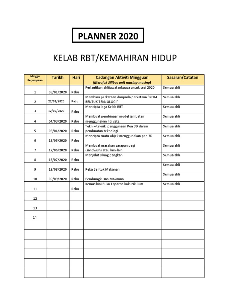 Planner Kelab RBT 2020 | PDF