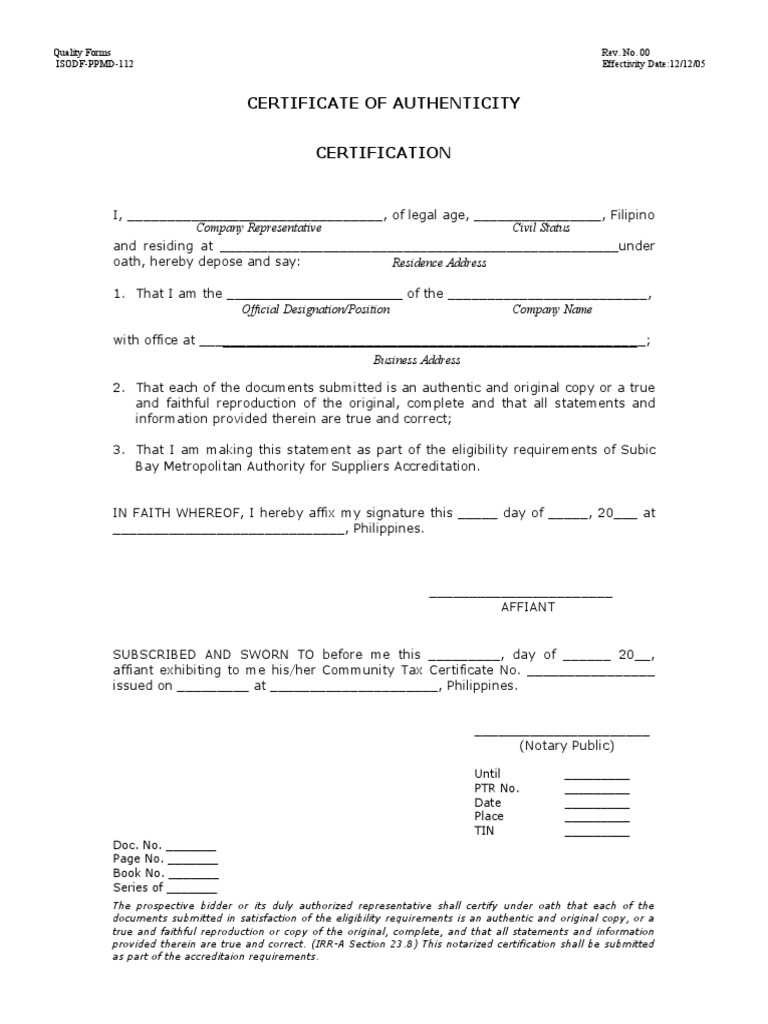 Certificateofauthenticity | PDF | Affidavit | Notary Public
