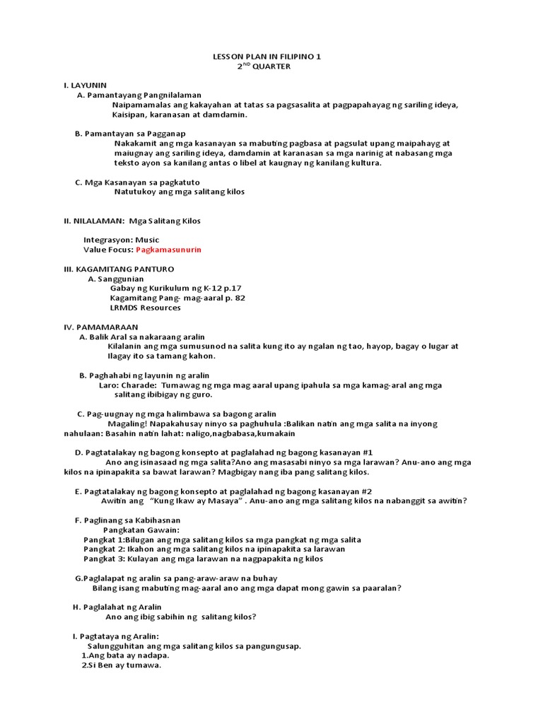 Lesson Plan in Filipino 1 | PDF