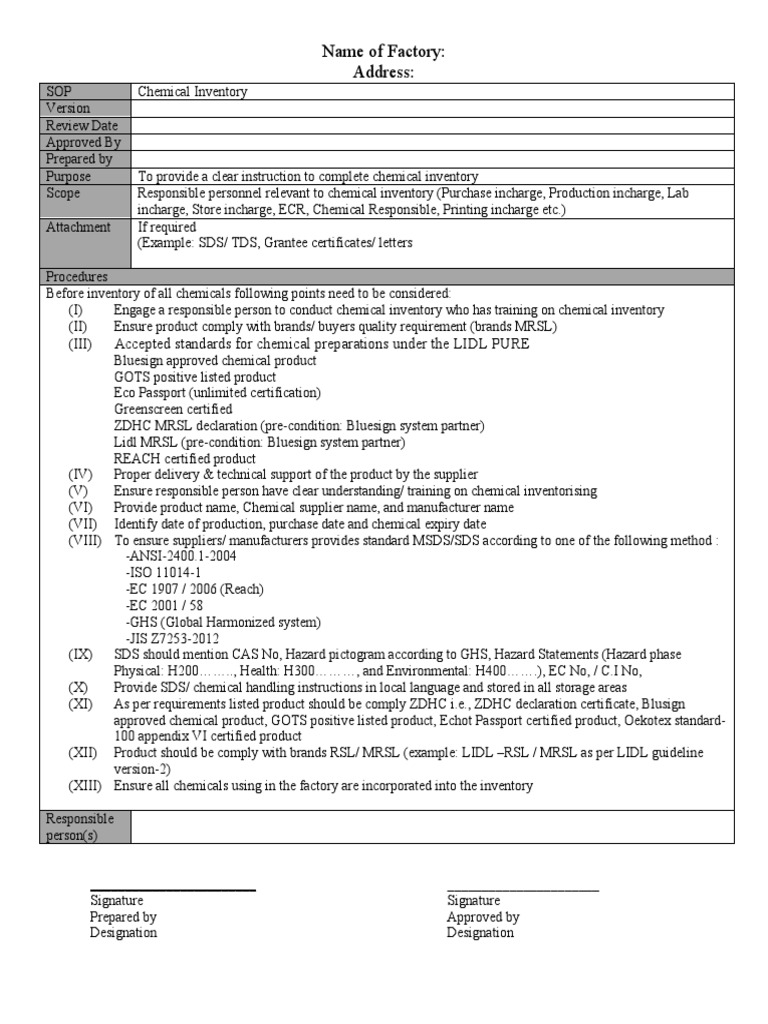SOP For Chemical Inventory | PDF | Safety | Business