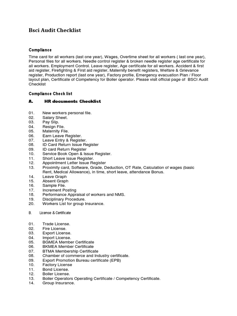 Bsci Audit Checklist | PDF | Personal Protective Equipment ...
