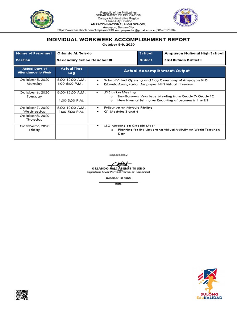 Individual Workweek Accomplishment Report | PDF | Business | Further ...