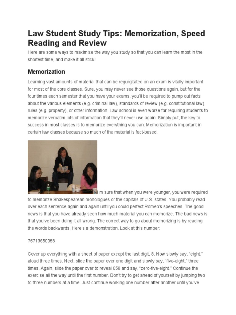 Law Student Study Tips: Memorization, Speed Reading and Review | PDF