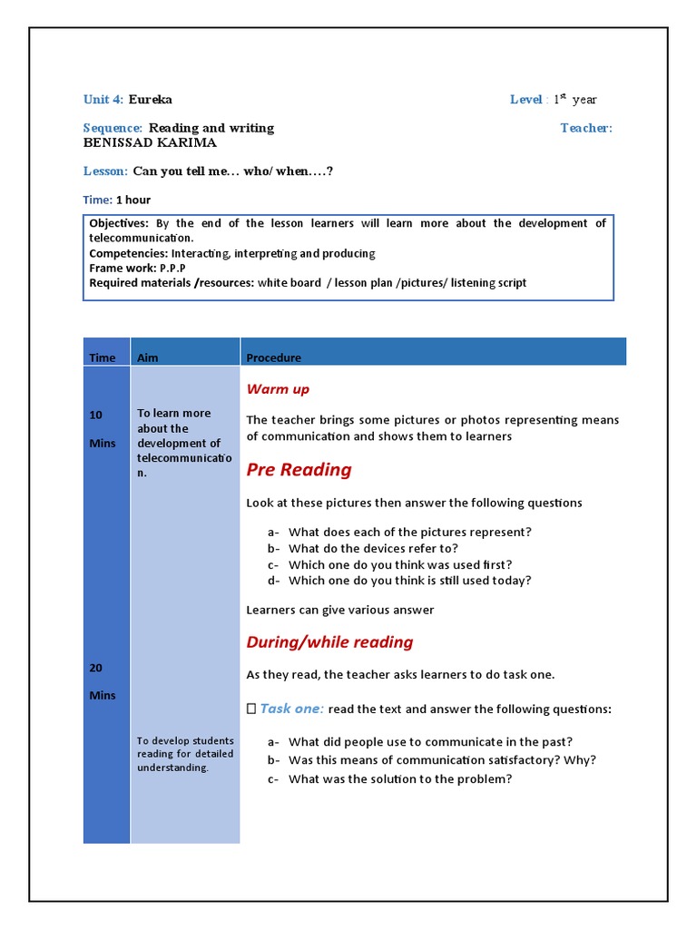 Pre Reading: Unit 4: Level: Sequence: Teacher: Lesson | PDF