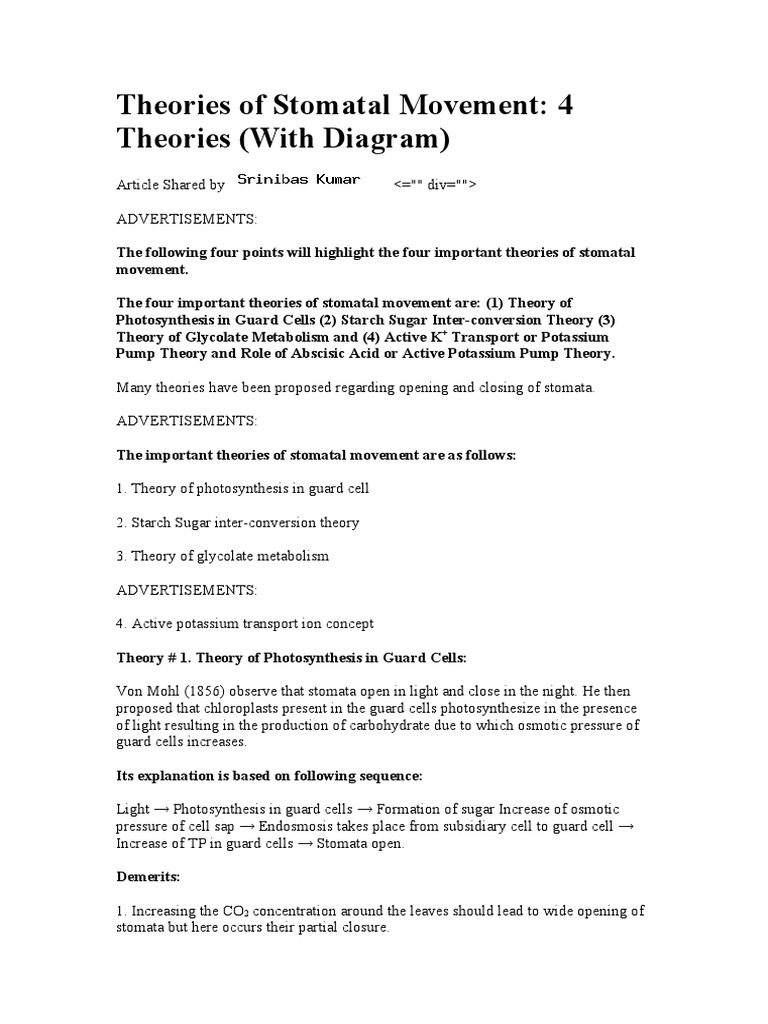 Theories of Stomatal Movement | Download Free PDF | Stoma | Plant Hormone