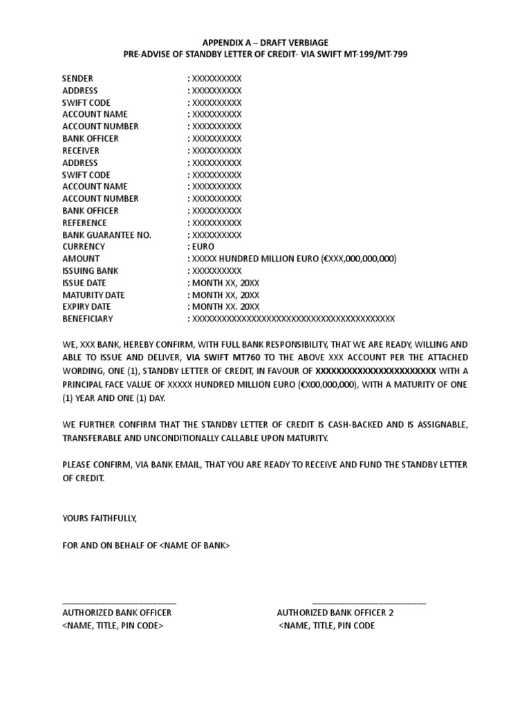 SBLC - Swift Verbiage - Approved Master Blank | PDF | Letter Of Credit ...