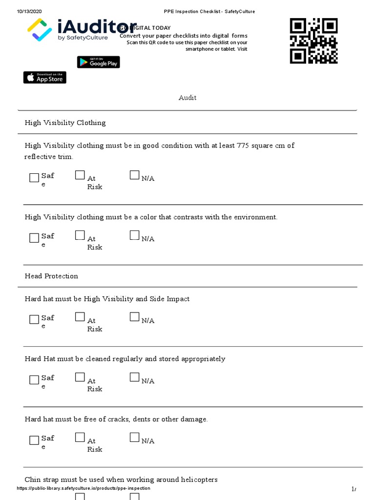 PPE Inspection Checklist - SafetyCulture | PDF | Personal Protective ...