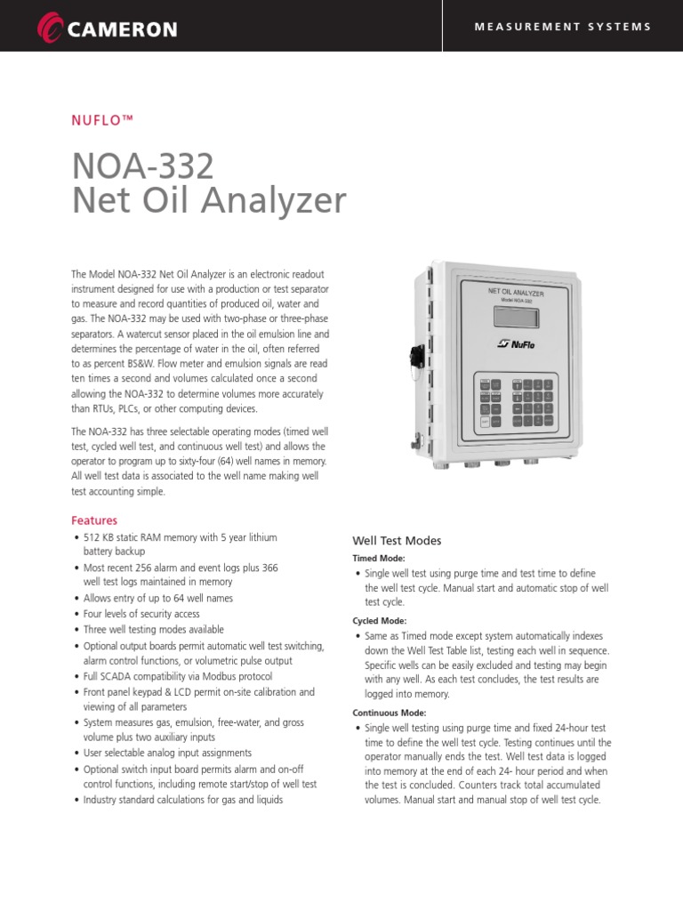 NOA-332 Net Oil Analyzer: Nuflo | PDF | Power Supply | Flow Measurement