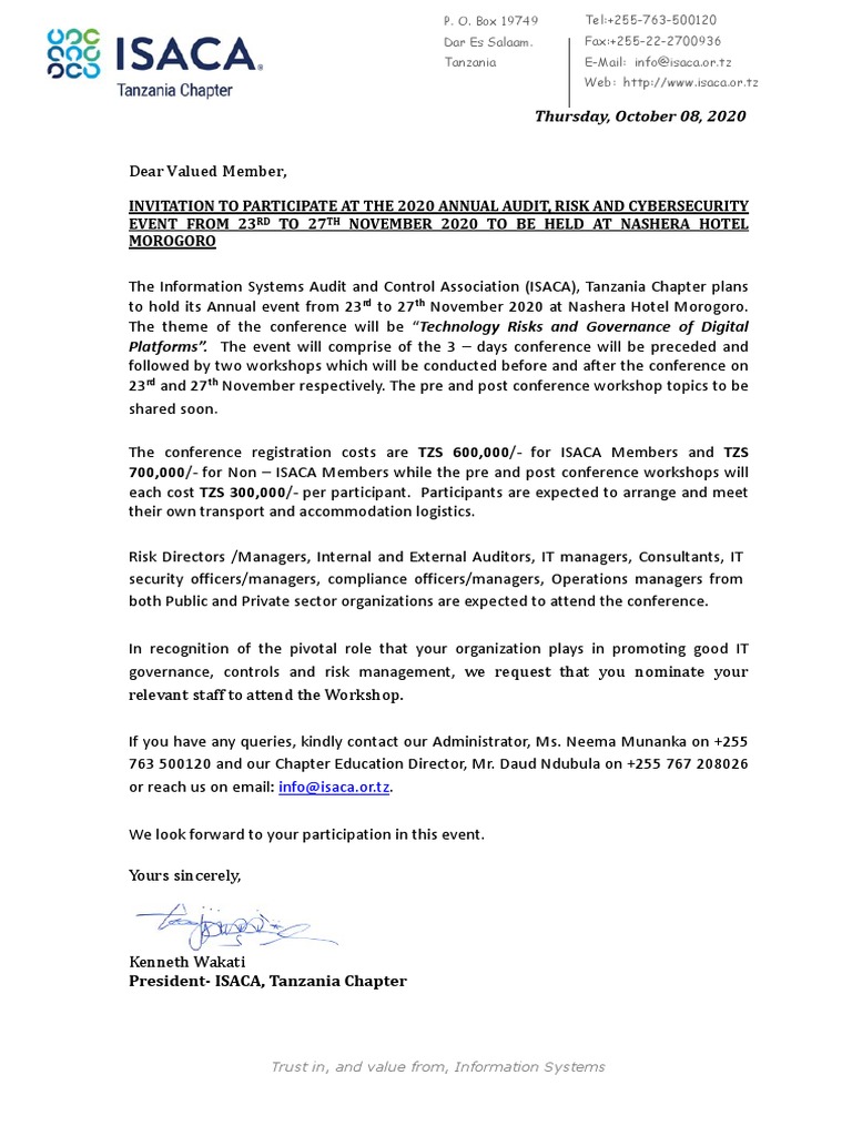 2020 ISACA Conference Invitation Letter