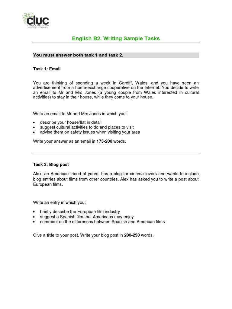 English B2. Writing Sample Tasks: You Must Answer Both Task 1 and Task ...