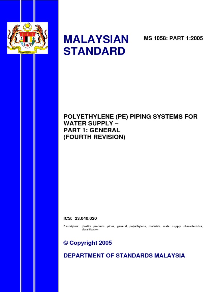MS 1058 Part 12005 Polyethylene (Pe) Piping Systems For Water Supply ...