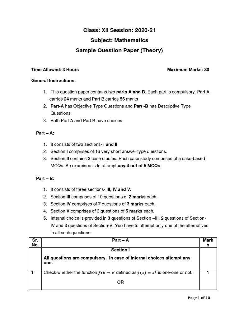 Class: XII Session: 2020-21 Subject: Mathematics Sample Question Paper (Theory) | PDF ...