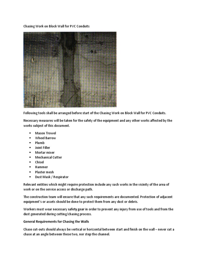 Method Statement - Chasing Work On Block Wall For PVC Conduits PDF ...