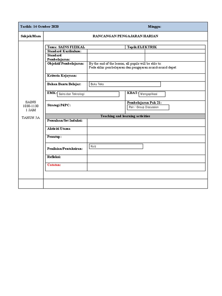 RPH Sains Tahun 5 | PDF