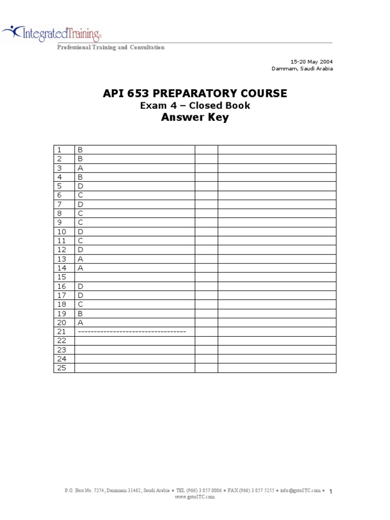 Api 653 Preparatory Course Answer Key: Exam 4 - Closed Book | PDF