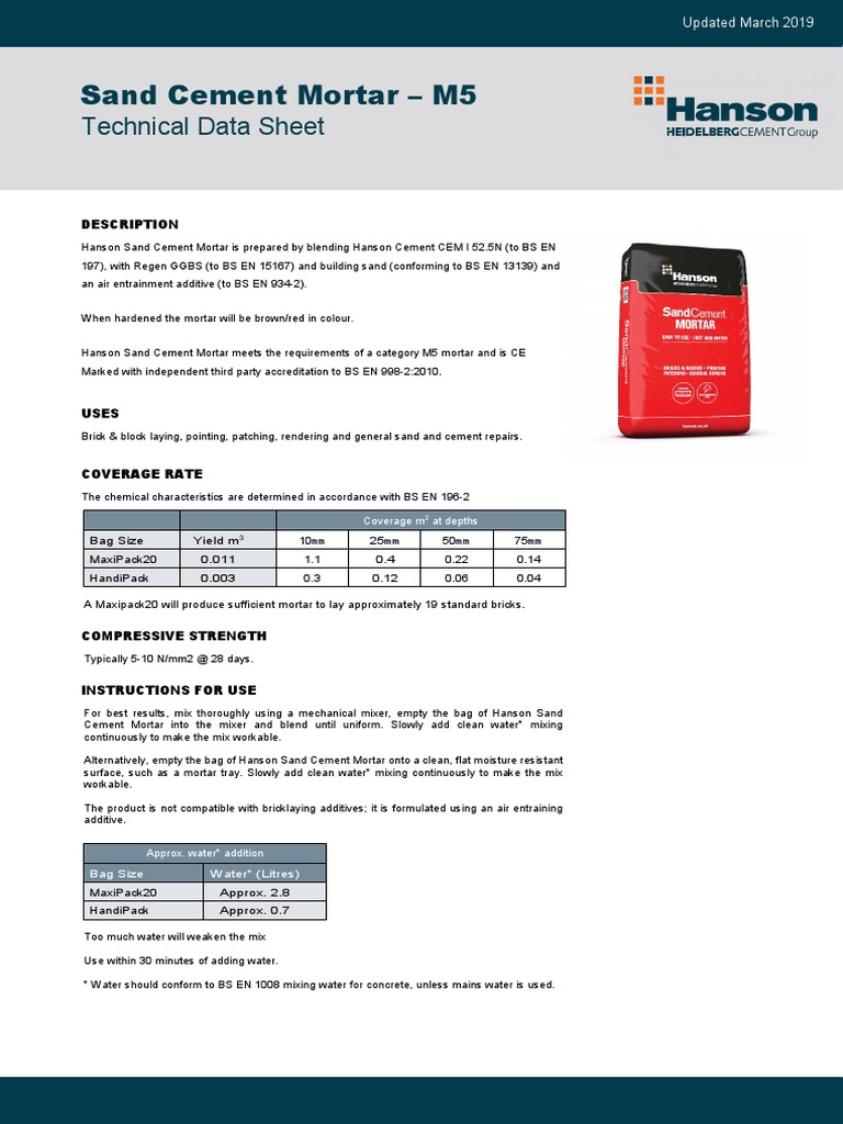 Hanson M5 Sand Cement Mortar Data Sheet | PDF | Mortar (Masonry) | Brick