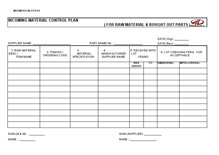 Incoming Material Control Plan | PDF