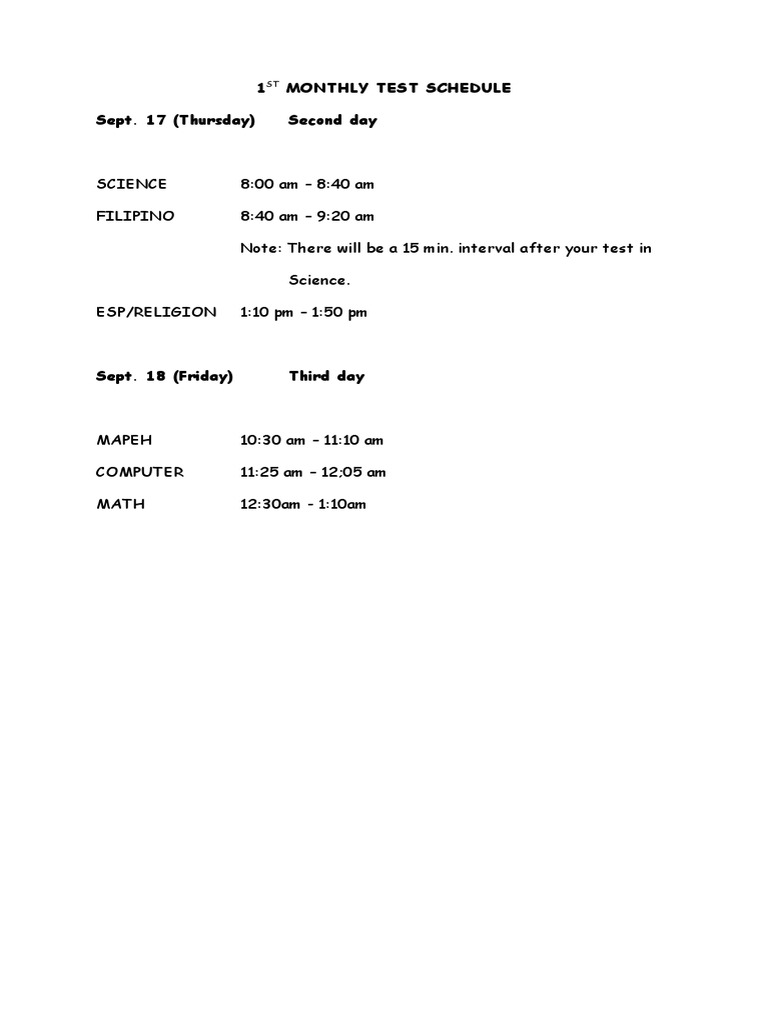 1ST Monthly Test Schedule | PDF