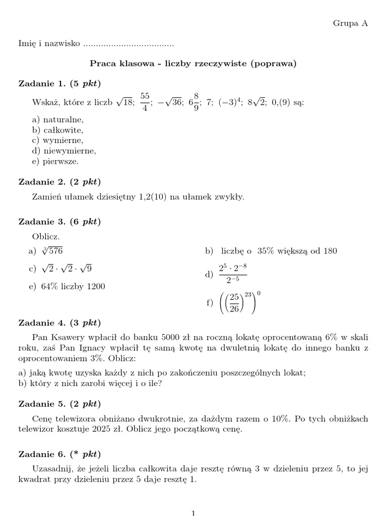 Praca Klasowa - Liczby Rzeczywiste (Poprawa) Zadanie 1. (5 PKT) | PDF