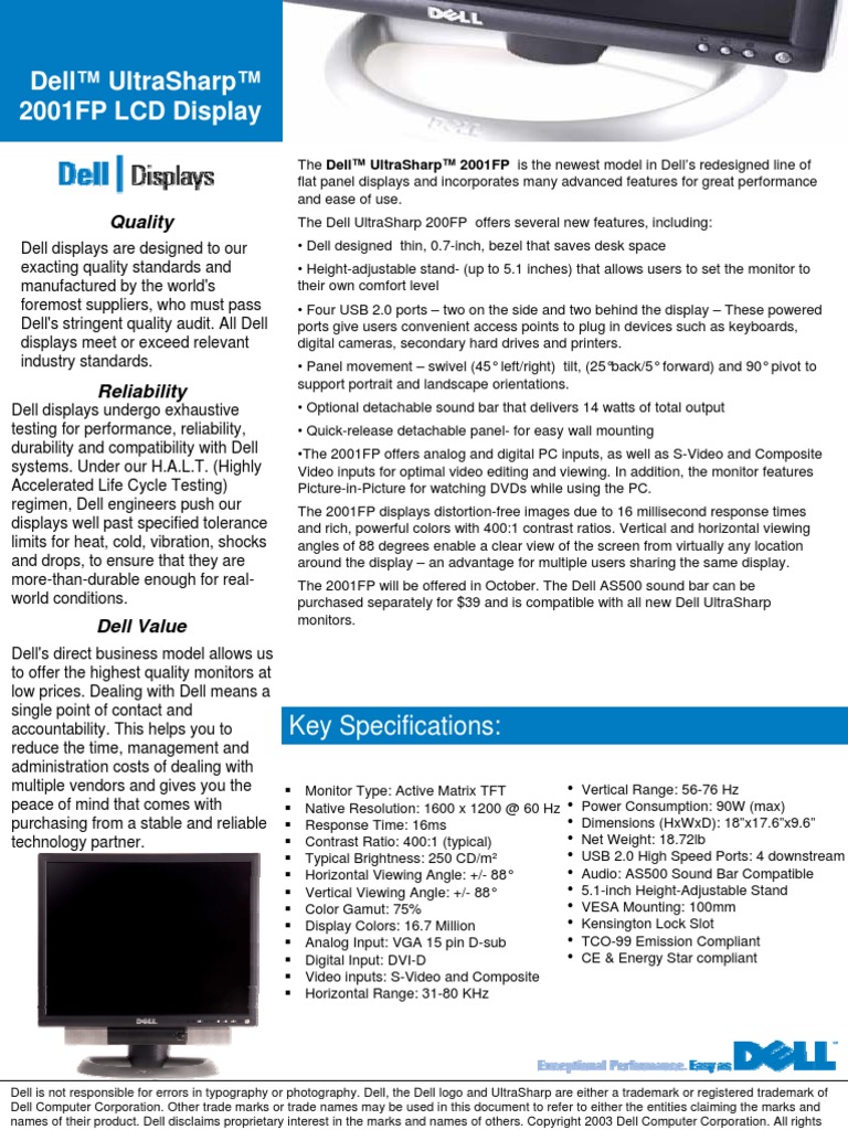 Dell™ Ultrasharp™ 2001Fp LCD Display: Quality | PDF | Computer Monitor ...