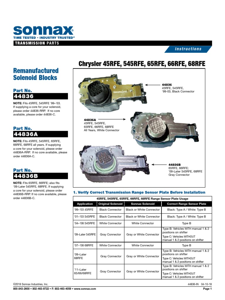 Remanufactured Solenoid Blocks: Chrysler 45RFE, 545RFE, 65RFE, 66RFE ...
