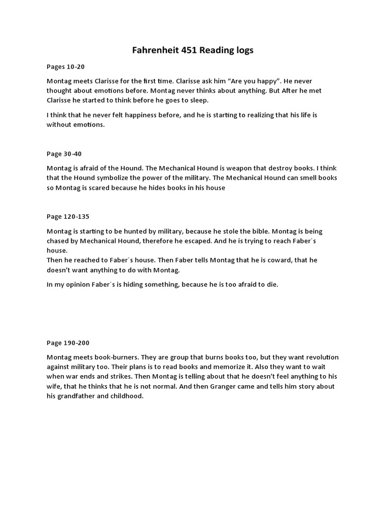 Fahrenheit 451 Reading Logs | PDF
