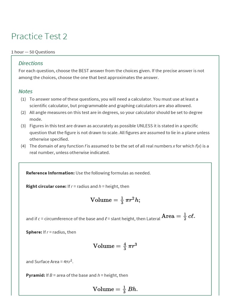 SAT Subject Math Level 1 Practice Test 2 PDF | PDF | Sat | Circle