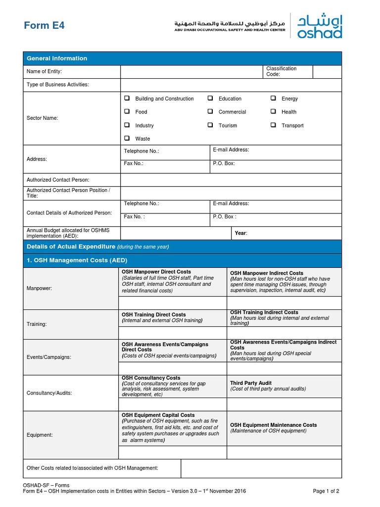 Form E4 - OSH Implementation Costs - Sector Entities v3.0 English | PDF ...