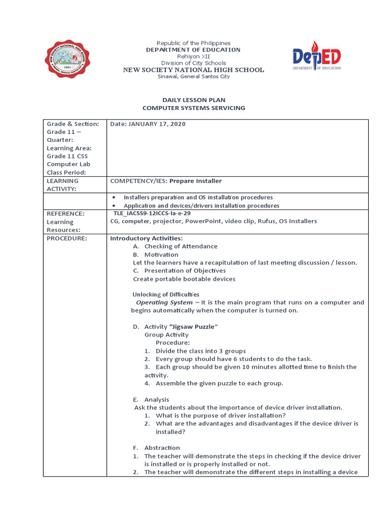 Daily Lesson Plan Computer Systems Servicing: New Society National High School | PDF ...