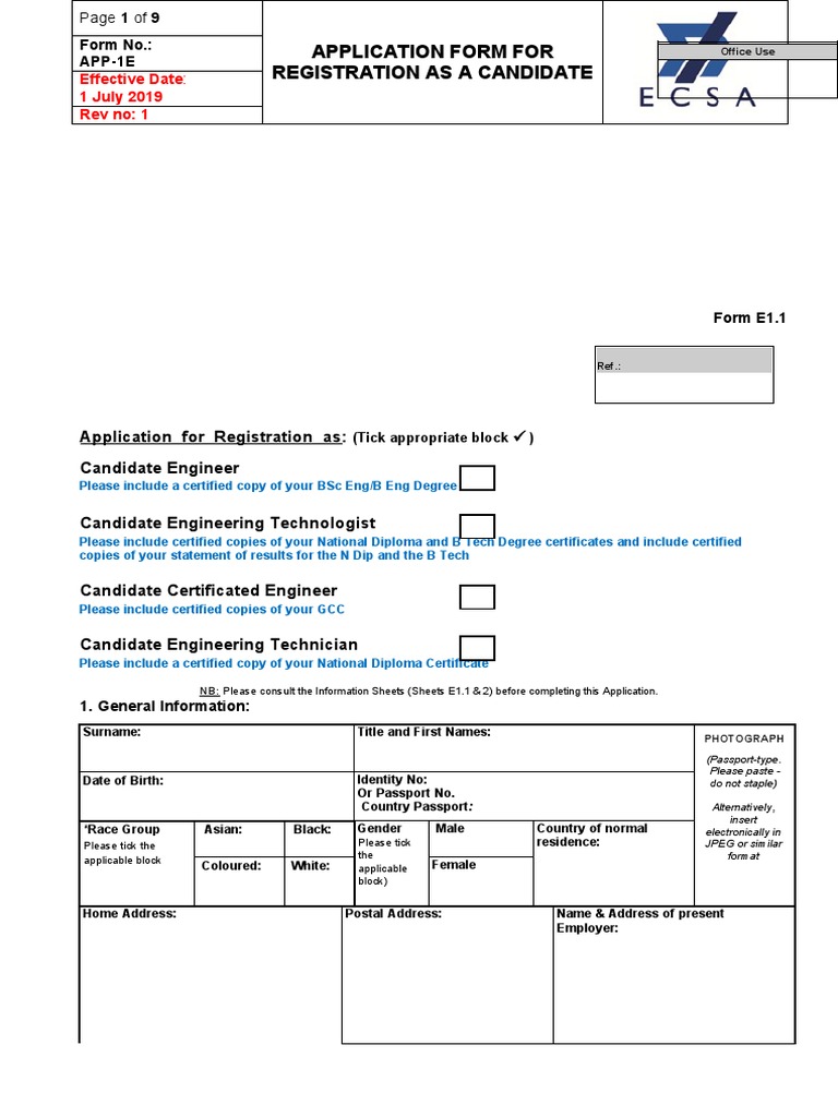 ECSA Candidate Registration Application Form | PDF | Cheque | Banks