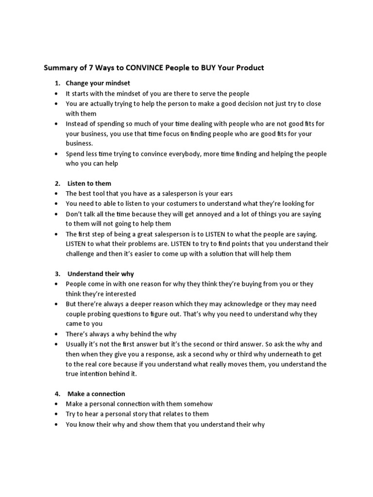 Summary of 7 Ways To CONVINCE People To BUY Your Product | PDF ...