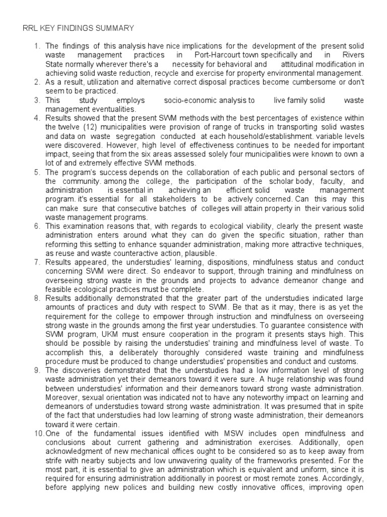 RRL Key Findings Summary 1 | PDF | Waste Management | Municipal Solid Waste
