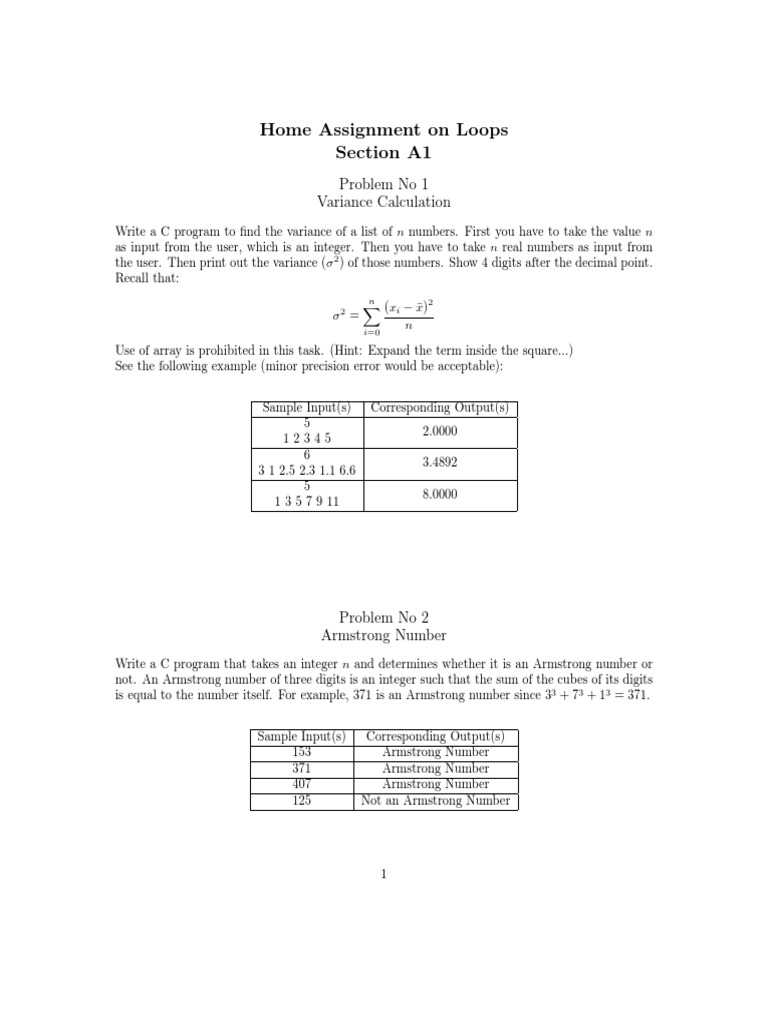 Home Assignment On Loops Section A1: Problem No 1 Variance Calculation | PDF | Summation | Numbers