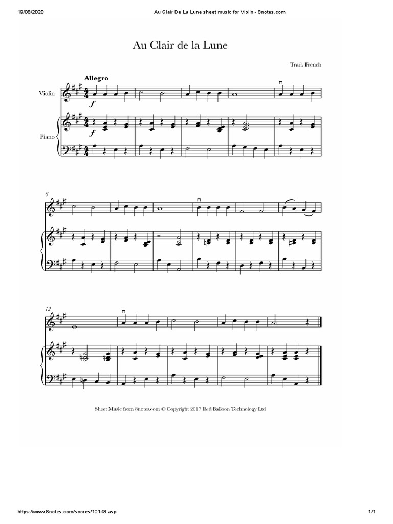 Au Clair de La Lune Sheet Music For Violin | PDF