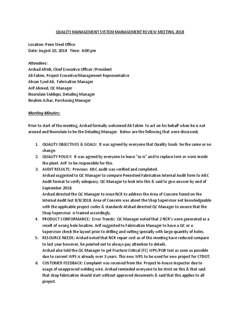 Quality Management Review Meeting 8-10-18 | PDF | Audit | Business