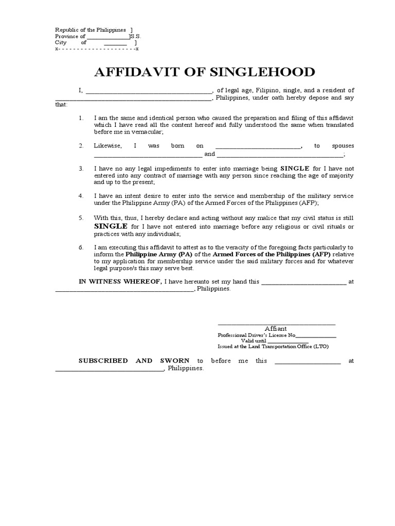 Affidavit of Singlehood: Single | PDF | Affidavit | Common Law