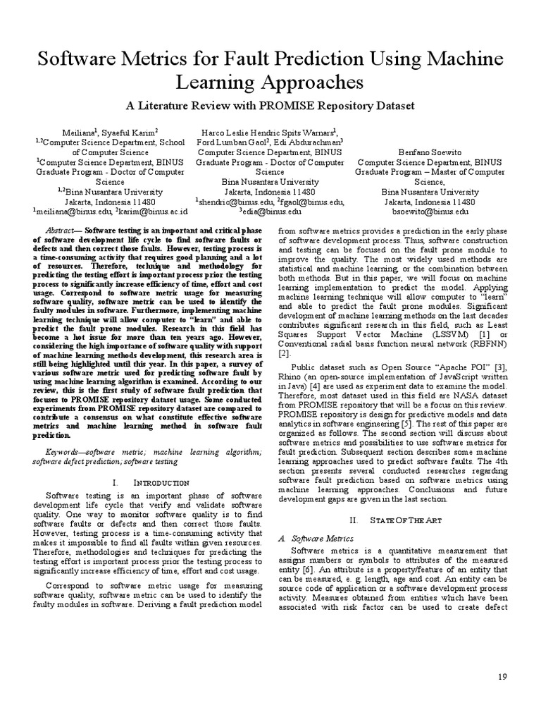 Software Metrics For Fault Prediction Using Machine Learning Approaches Pdf Machine Learning
