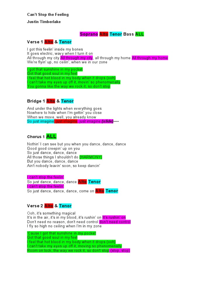 Can't Stop The Feeling Lyrics Parts | PDF | Songs | Entertainment (General)