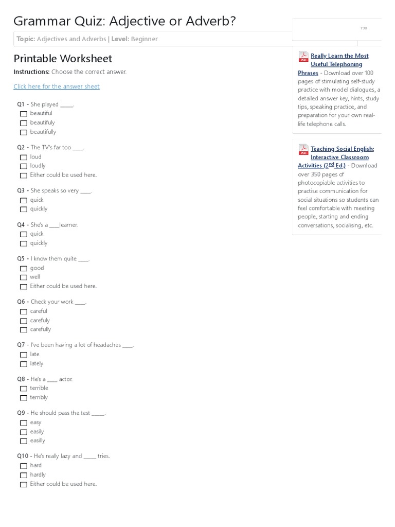 'Adjective or Adverb - ' - English Quiz & Worksheet | PDF | Cognition ...