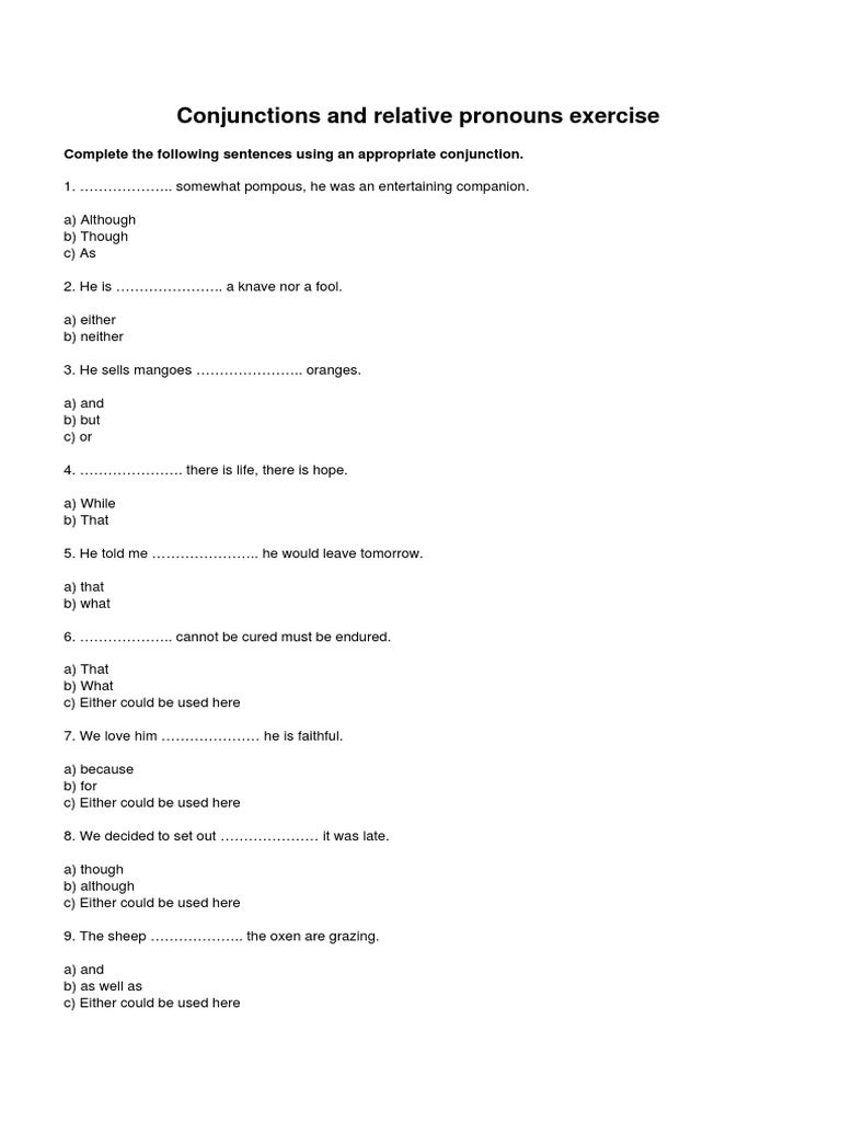 Conjunctions and Relative Pronouns Exercise: Complete The Following ...